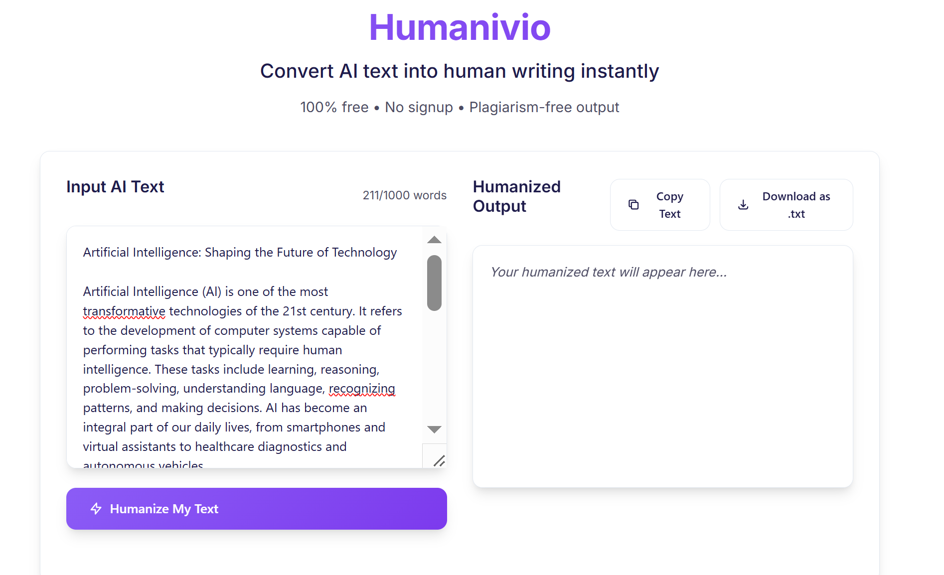 Free AI Humanizer – 1000 Words No Login Required